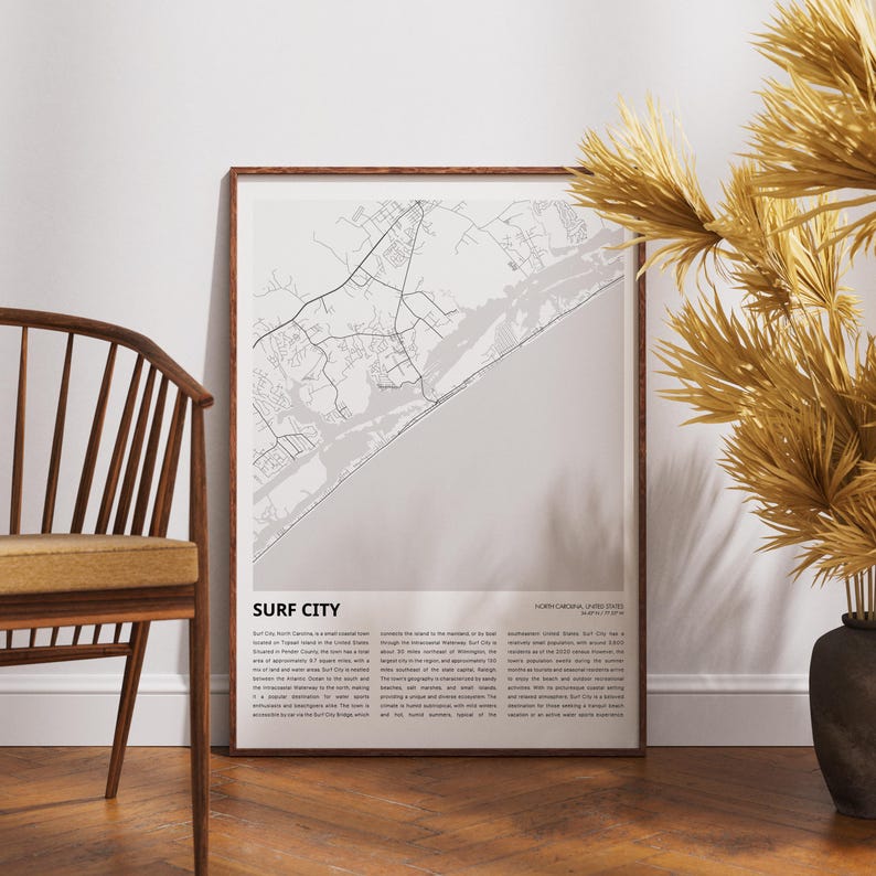 Surf City Map Print, Surf City Travel Map, Surf City Wall Decor Art ...