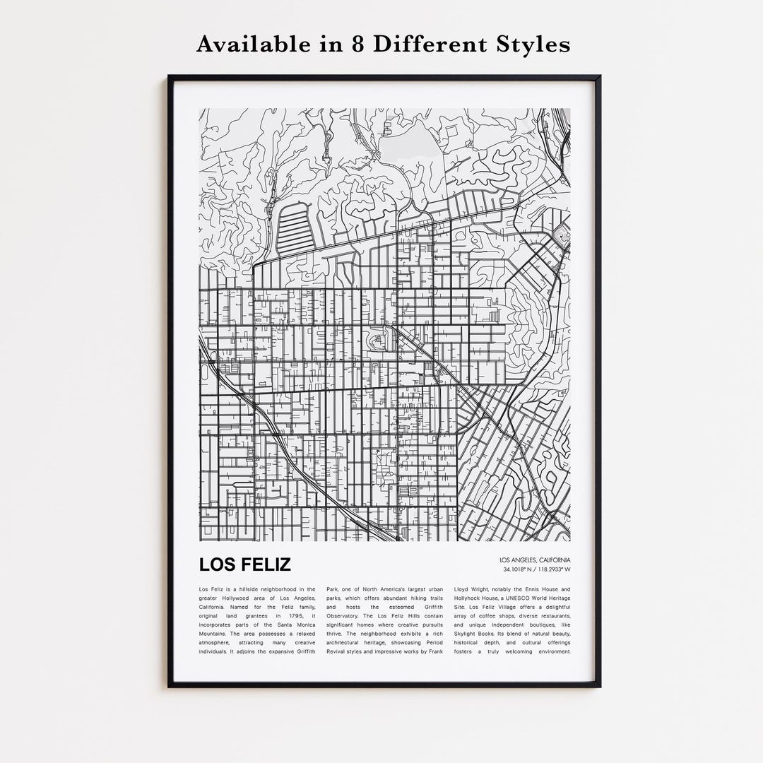 Los Feliz Map Print, Los Feliz Travel Map, Los Feliz Wall Decor Art ...