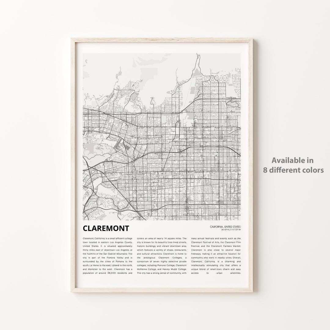 Claremont Map Print, Claremont Travel Map, Claremont Wall Decor Art ...