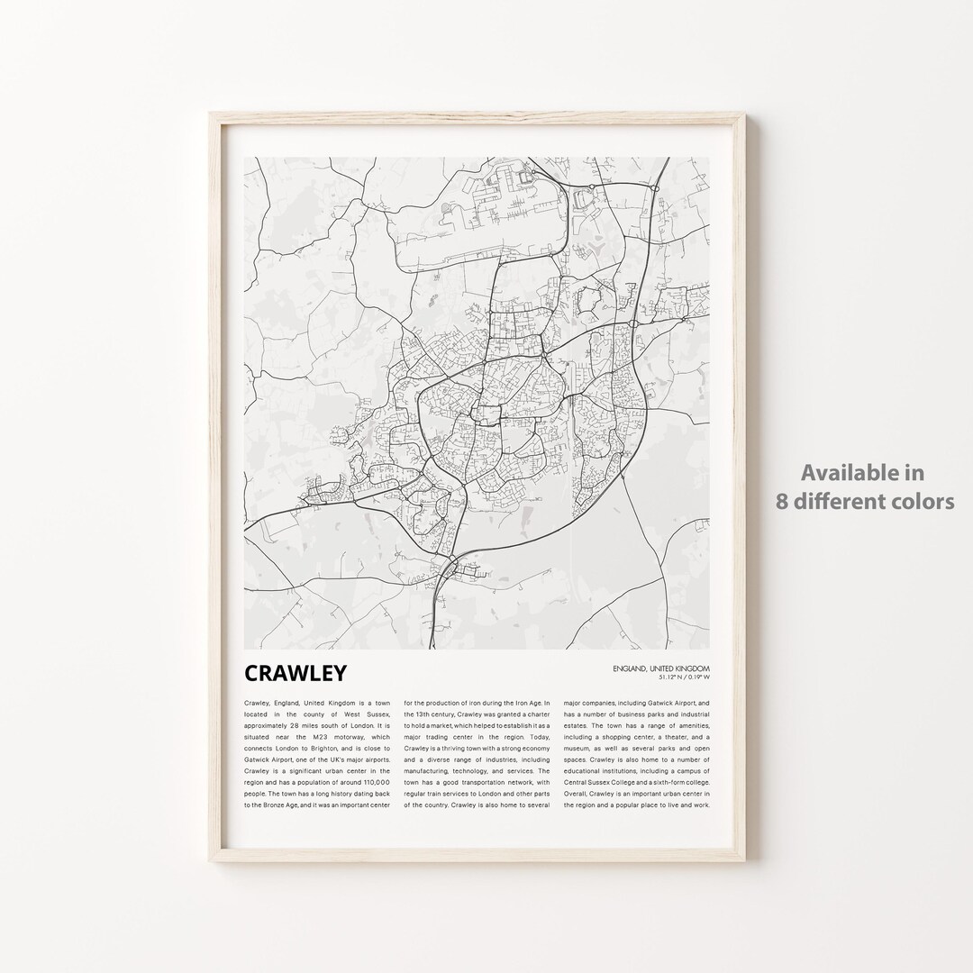 Crawley Map Print, Crawley Travel Map, Crawley Wall Decor Art, Crawley ...