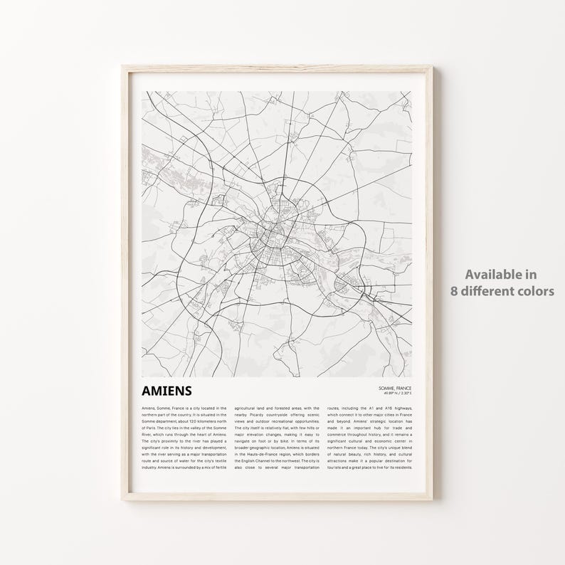Amiens Map Print, Amiens Travel Map, Amiens Wall Decor Art, Amiens Somme, Housewarming Gift ...