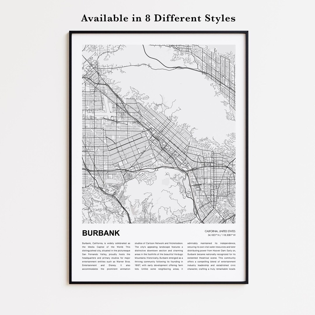 Burbank Map Print, Burbank Travel Map, Burbank Wall Decor Art, Burbank ...