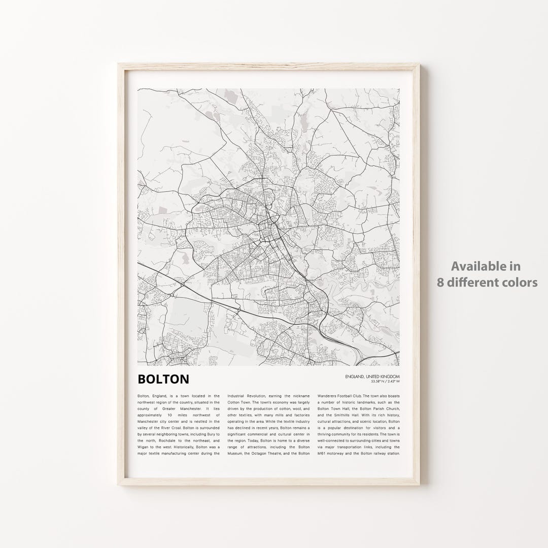 Bolton Map Print, Bolton Travel Map, Bolton Wall Decor Art, Bolton ...