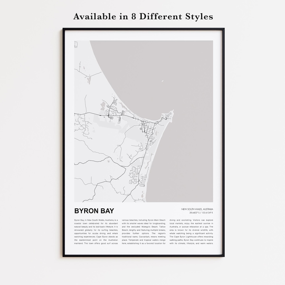 Byron Bay Map Print, Byron Bay Travel Map, Byron Bay Wall Decor Art ...