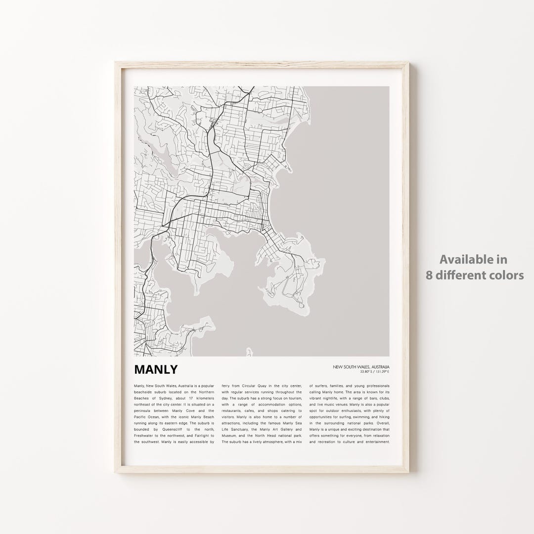Manly Map Print, Manly Travel Map, Manly Wall Decor Art, Manly New ...