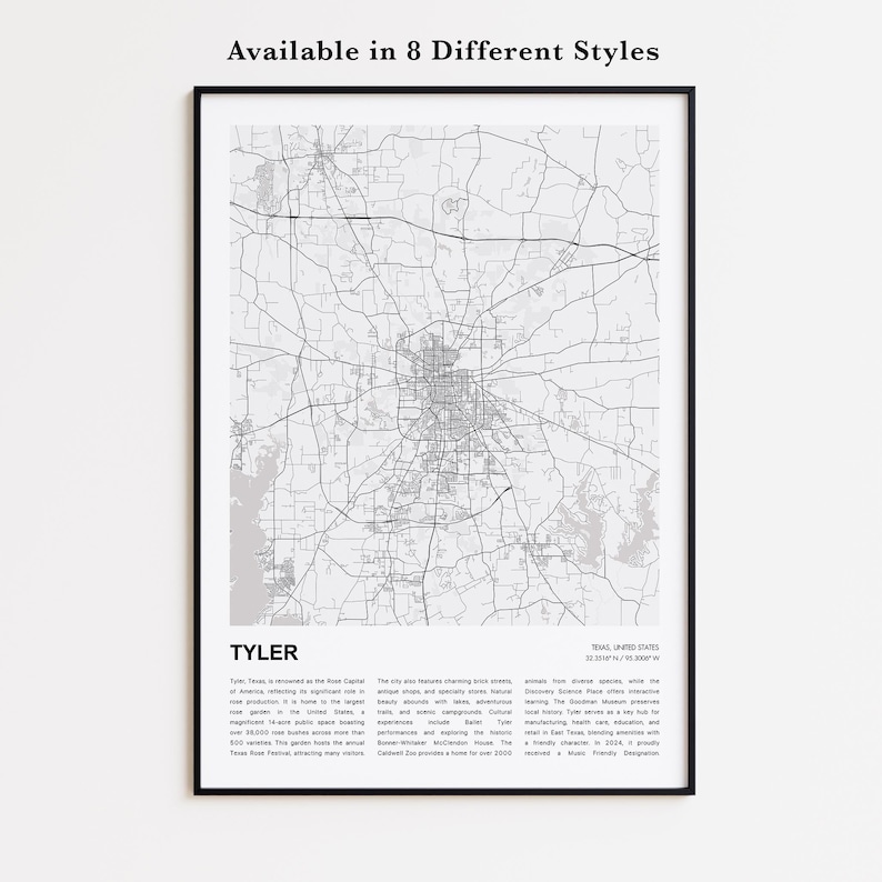 Tyler Map Print, Tyler Travel Map, Tyler Wall Decor Art, Tyler Texas ...