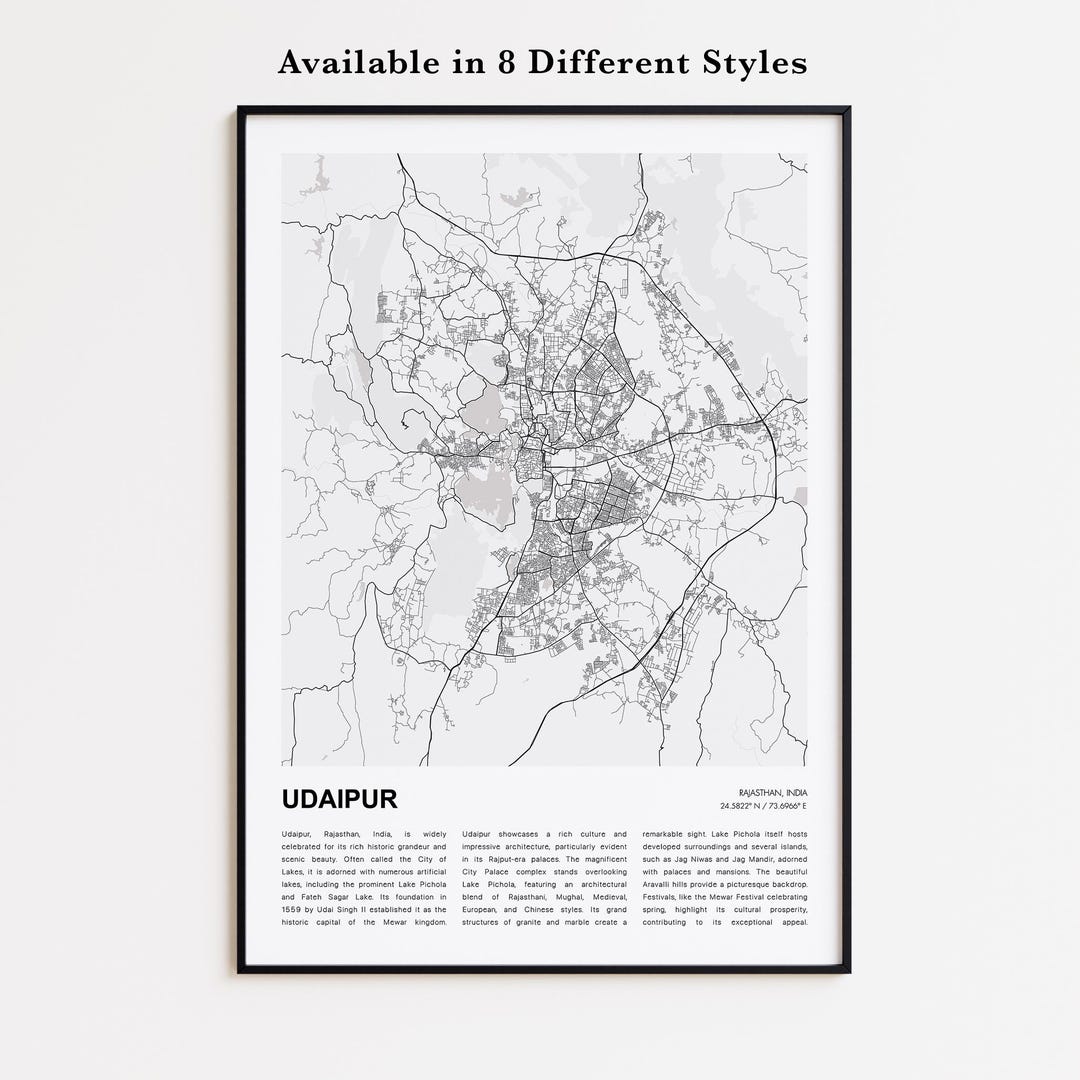 Udaipur Map Print, Udaipur Travel Map, Udaipur Wall Decor Art, Udaipur ...