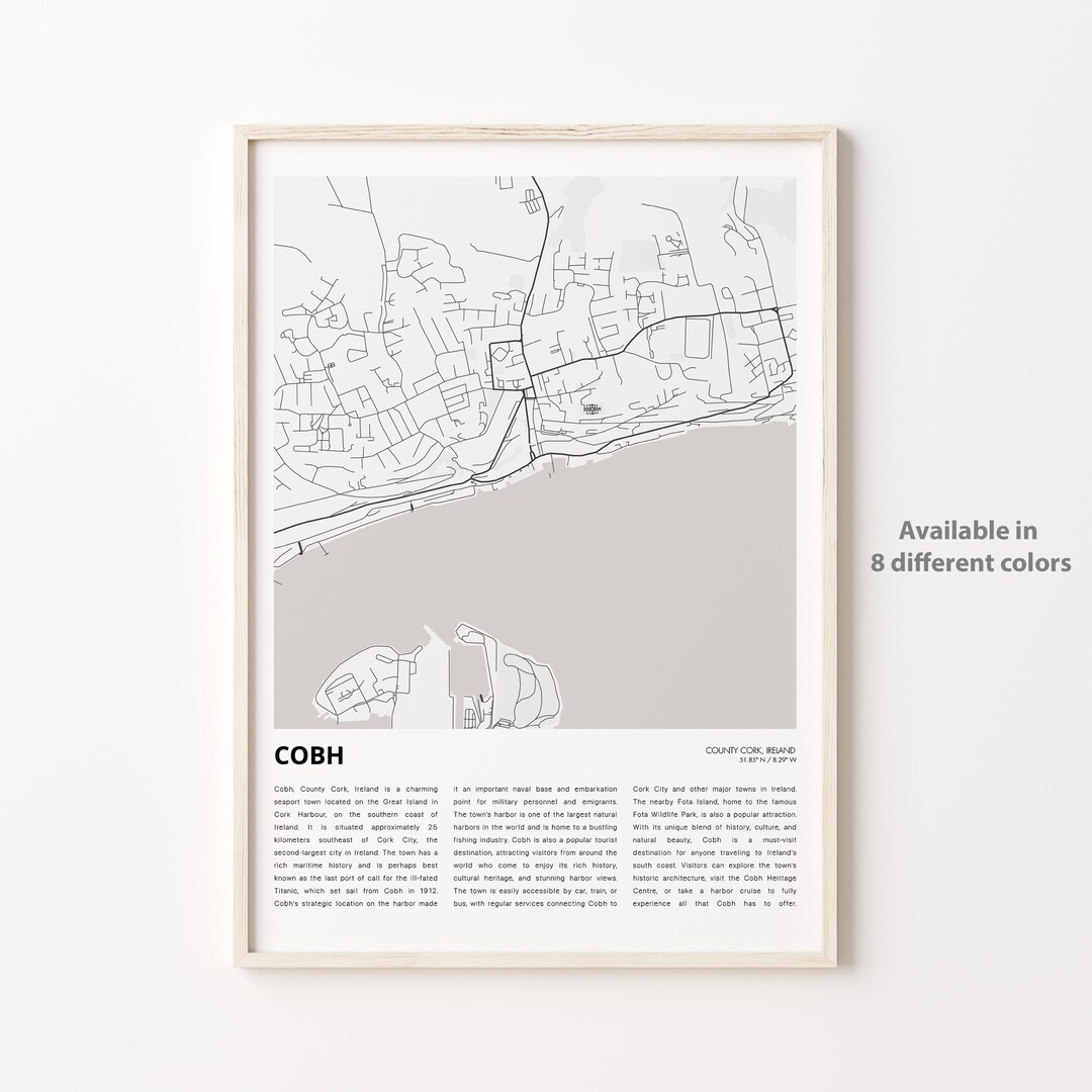 Cobh Map Print, Cobh Travel Map, Cobh Wall Decor Art, Cobh County Cork ...