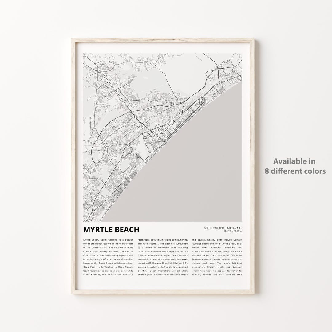 Myrtle Beach Map Print, Myrtle Beach Travel Map, Myrtle Beach Wall ...