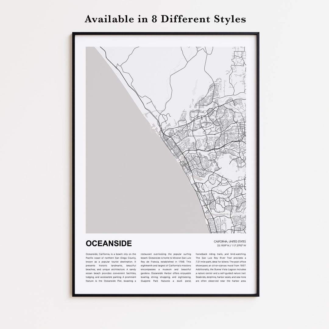Oceanside Map Print, Oceanside Travel Map, Oceanside Wall Decor Art ...