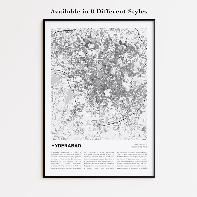 Hyderabad Map Print, Hyderabad Travel Map, Hyderabad Wall Decor Art ...