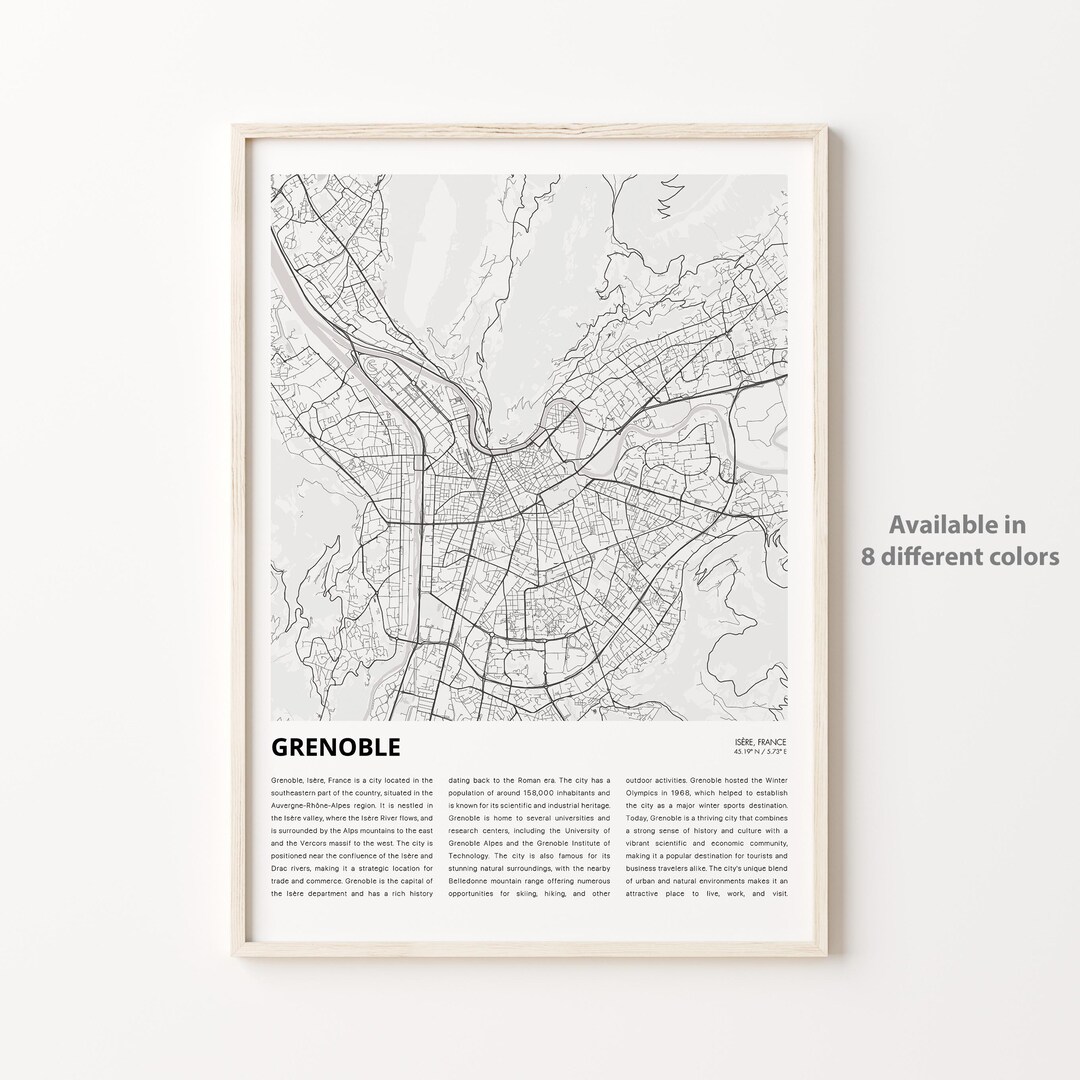 Grenoble Map Print, Grenoble Travel Map, Grenoble Wall Decor Art ...