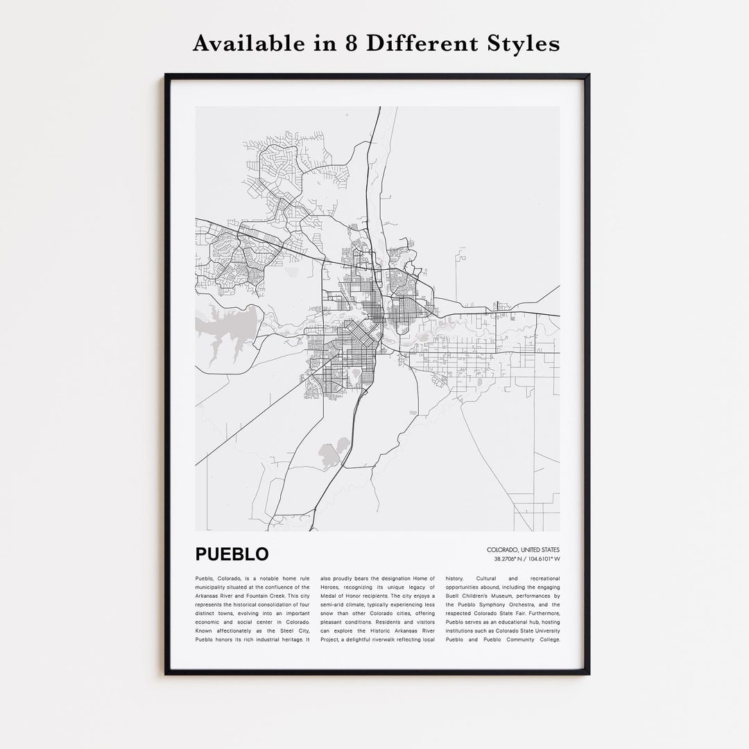 Pueblo Map Print, Pueblo Travel Map, Pueblo Wall Decor Art, Pueblo ...