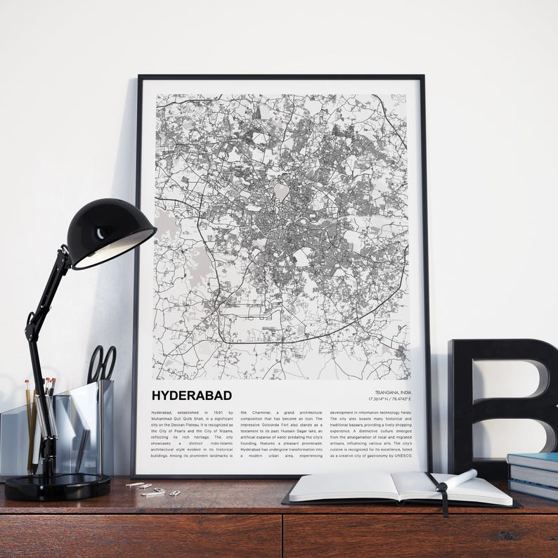 Hyderabad Map Print, Hyderabad Travel Map, Hyderabad Wall Decor Art ...