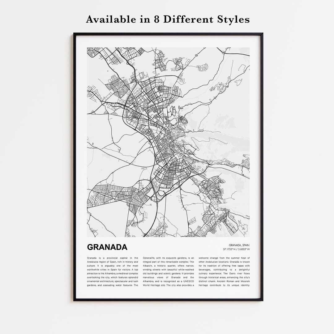 Granada Map Print, Granada Travel Map, Granada Wall Decor Art, Granada ...