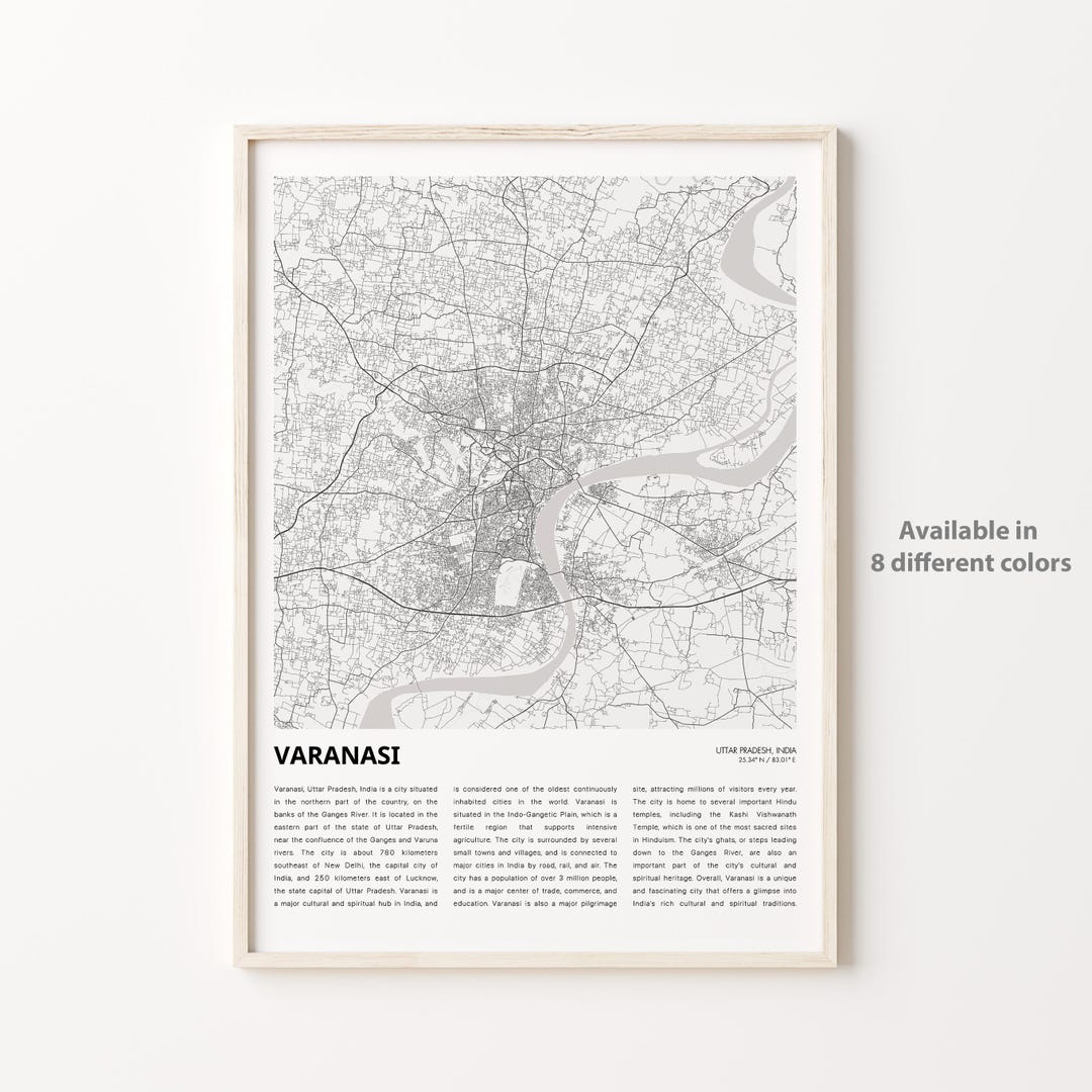 Varanasi Map Print, Varanasi Travel Map, Varanasi Wall Decor Art ...
