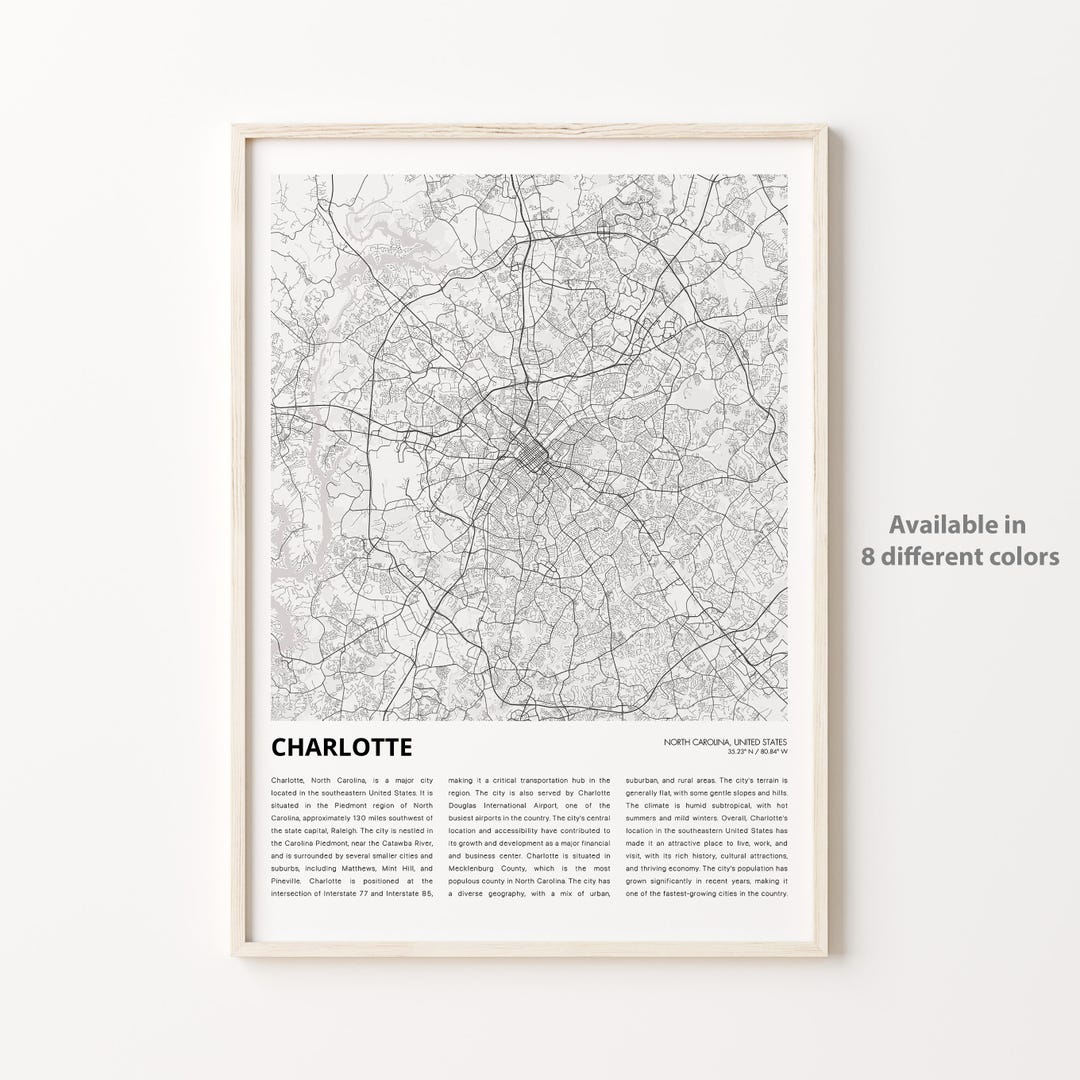 Charlotte Map Print, Charlotte Travel Map, Charlotte Wall Decor Art ...