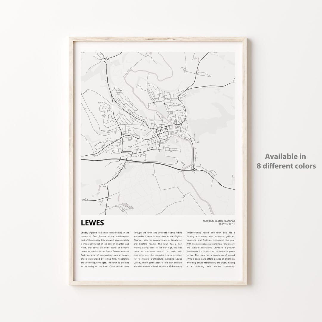 Lewes Map Print, Lewes Travel Map, Lewes Wall Decor Art, Lewes England ...