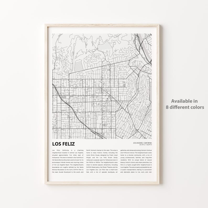 Los Feliz Map Print, Los Feliz Travel Map, Los Feliz Wall Decor Art ...
