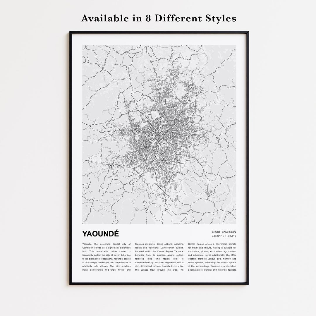 Yaoundé Map Print, Yaoundé Travel Map, Yaoundé Wall Decor Art, Yaoundé ...