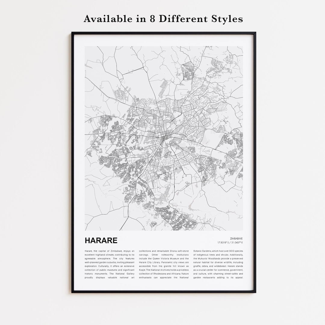 Harare Map Print, Harare Travel Map, Harare Wall Decor Art, Harare ...