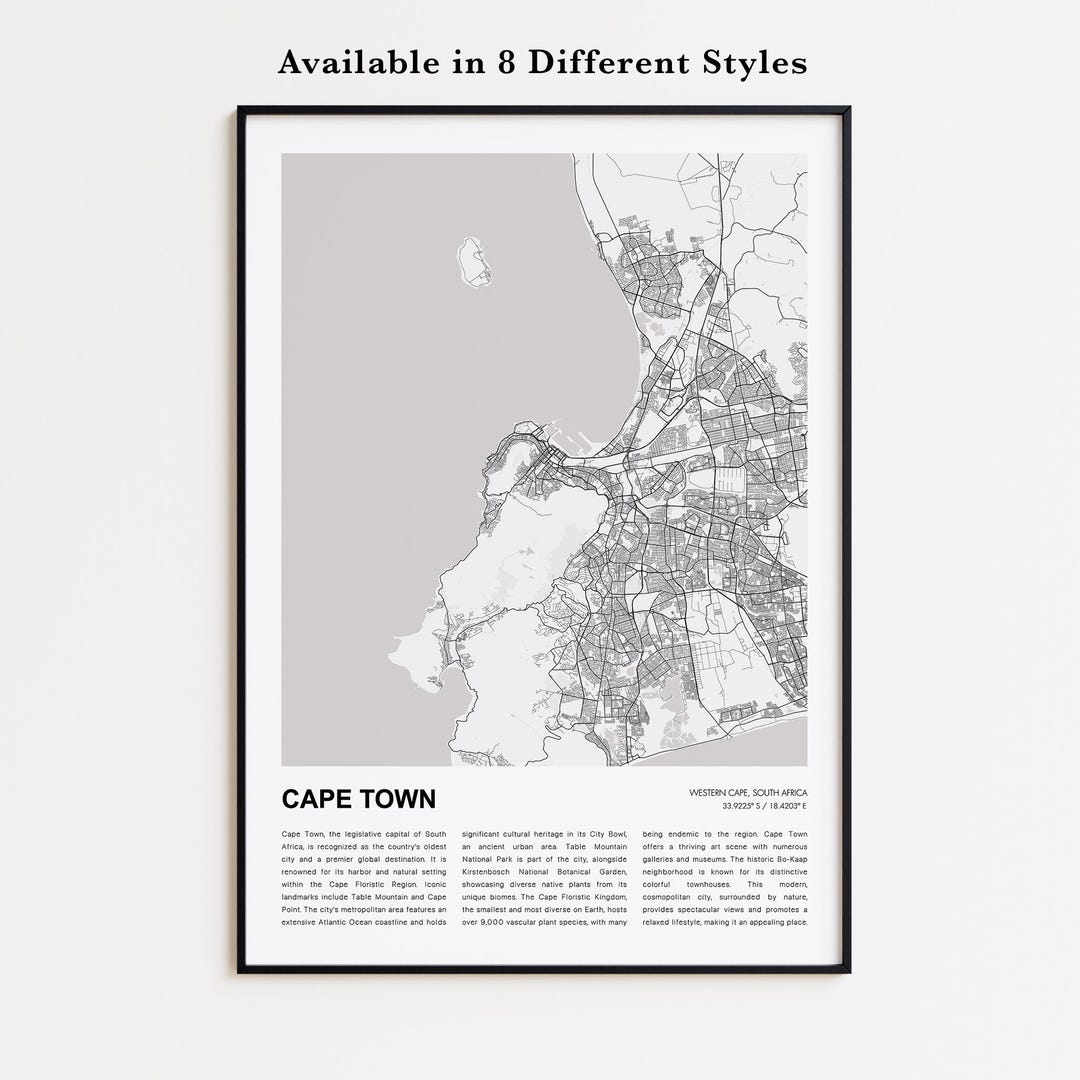 Cape Town Map Print, Cape Town Travel Map, Cape Town Wall Decor Art ...