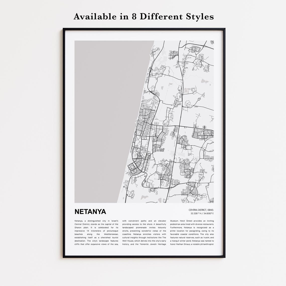 Netanya Map Print, Netanya Travel Map, Netanya Wall Decor Art, Netanya ...