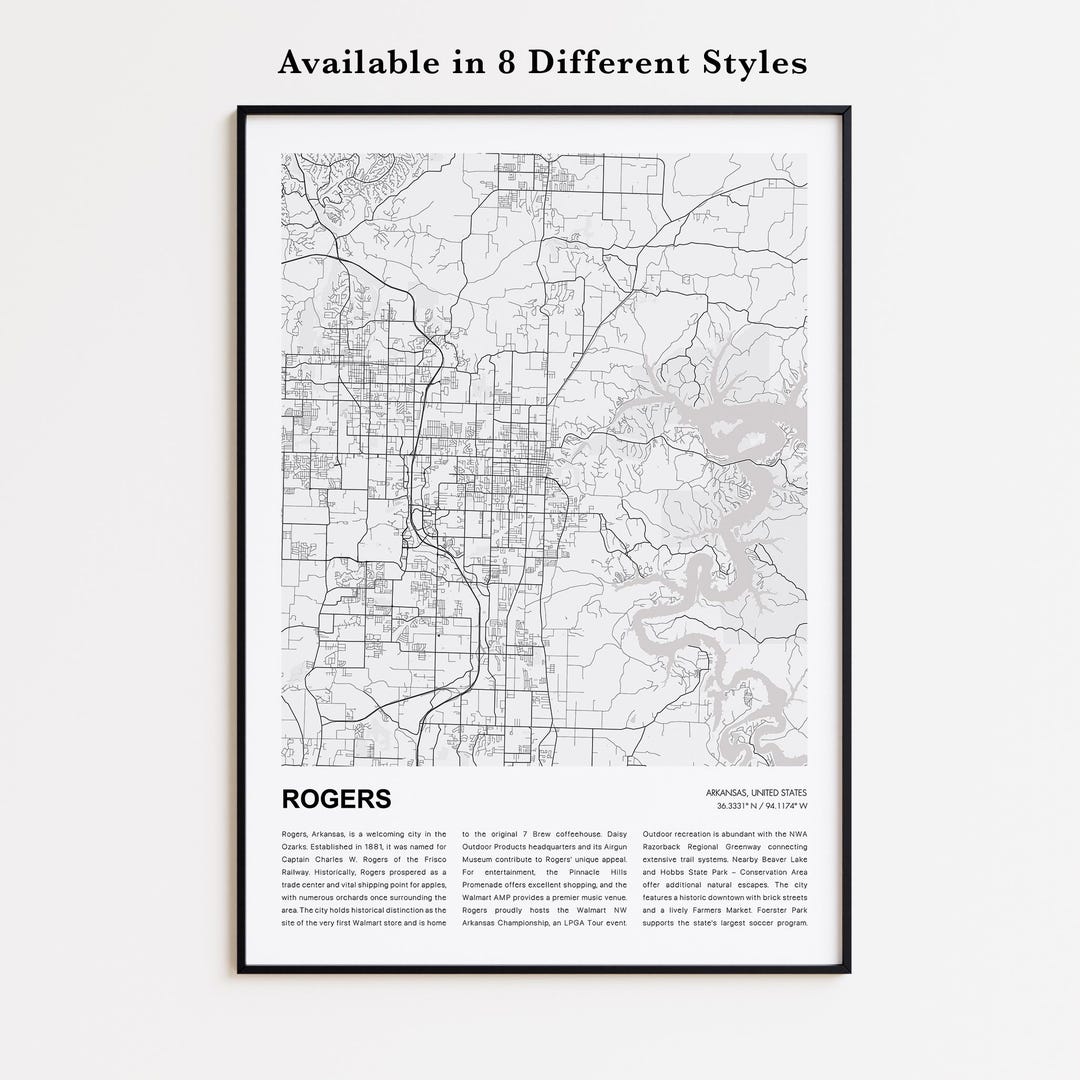 Rogers Map Print, Rogers Travel Map, Rogers Wall Decor Art, Rogers ...
