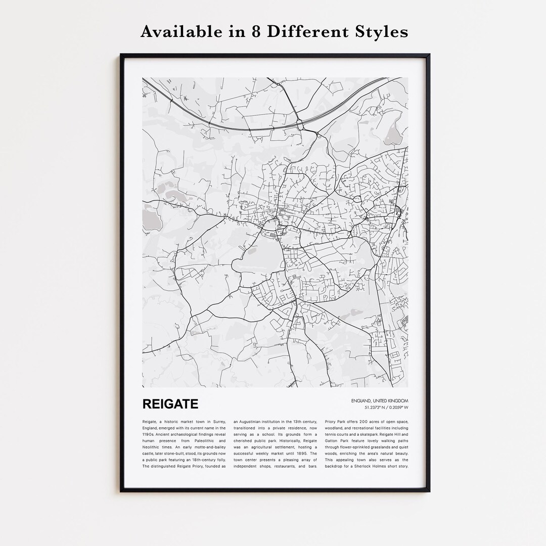 Reigate Map Print, Reigate Travel Map, Reigate Wall Decor Art, Reigate ...