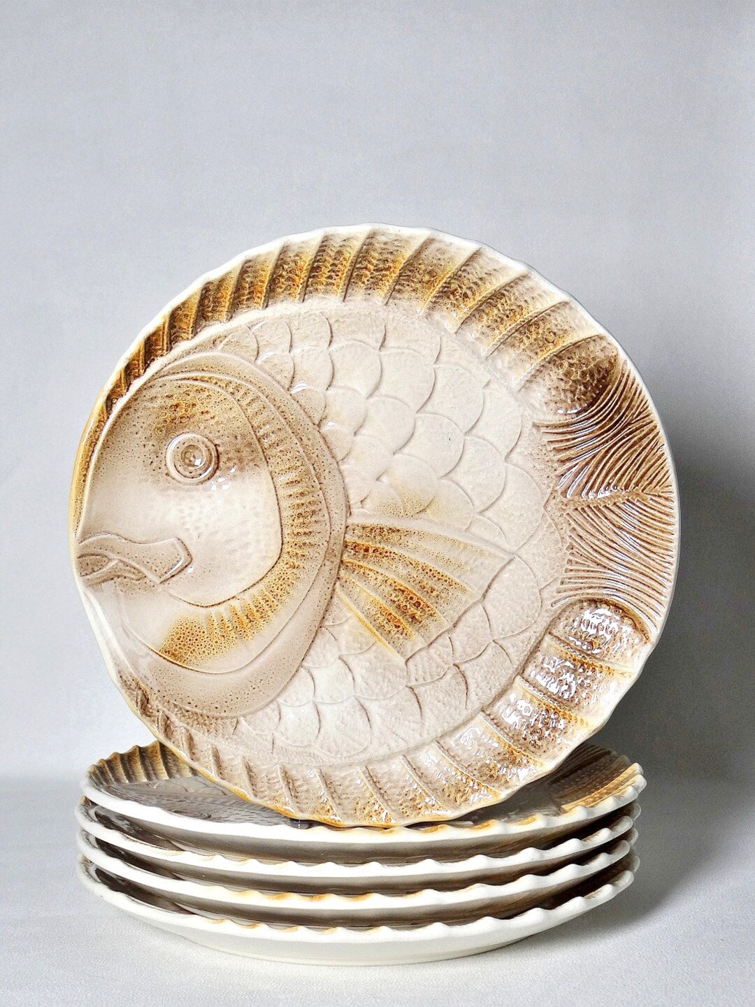 5 Vintage Sarreguemines Slush Fish Plates French Earthenware Borde De ...