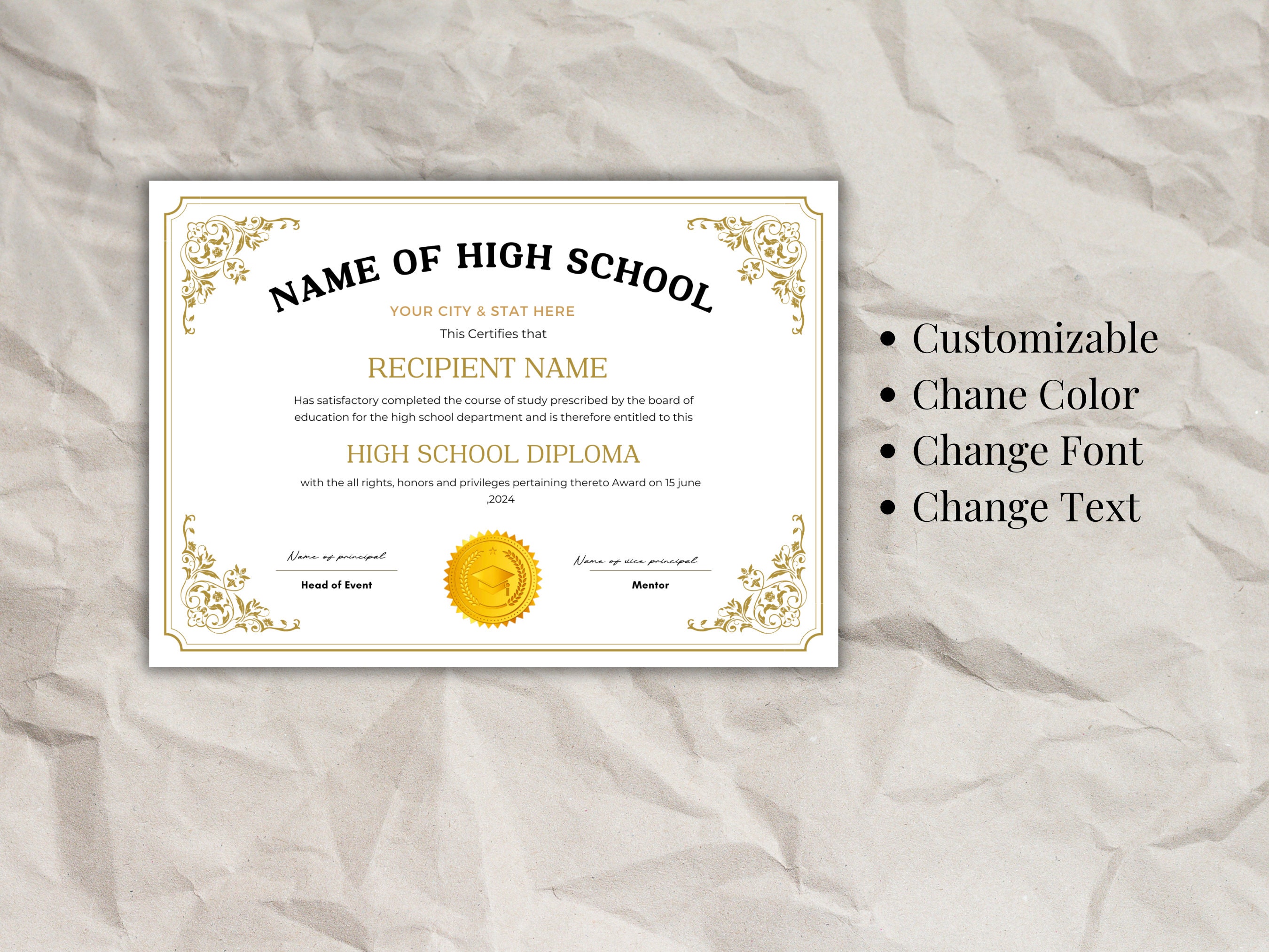 Printable High School Diploma Template, Home School Diploma, High ...