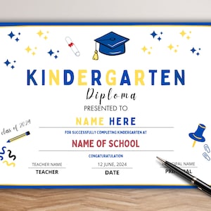 Editable Kindergarten Diploma Template, Graduation Diploma, Printable ...