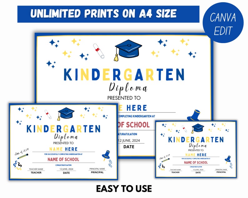 Editable Kindergarten Diploma Template, Graduation Diploma, Printable ...