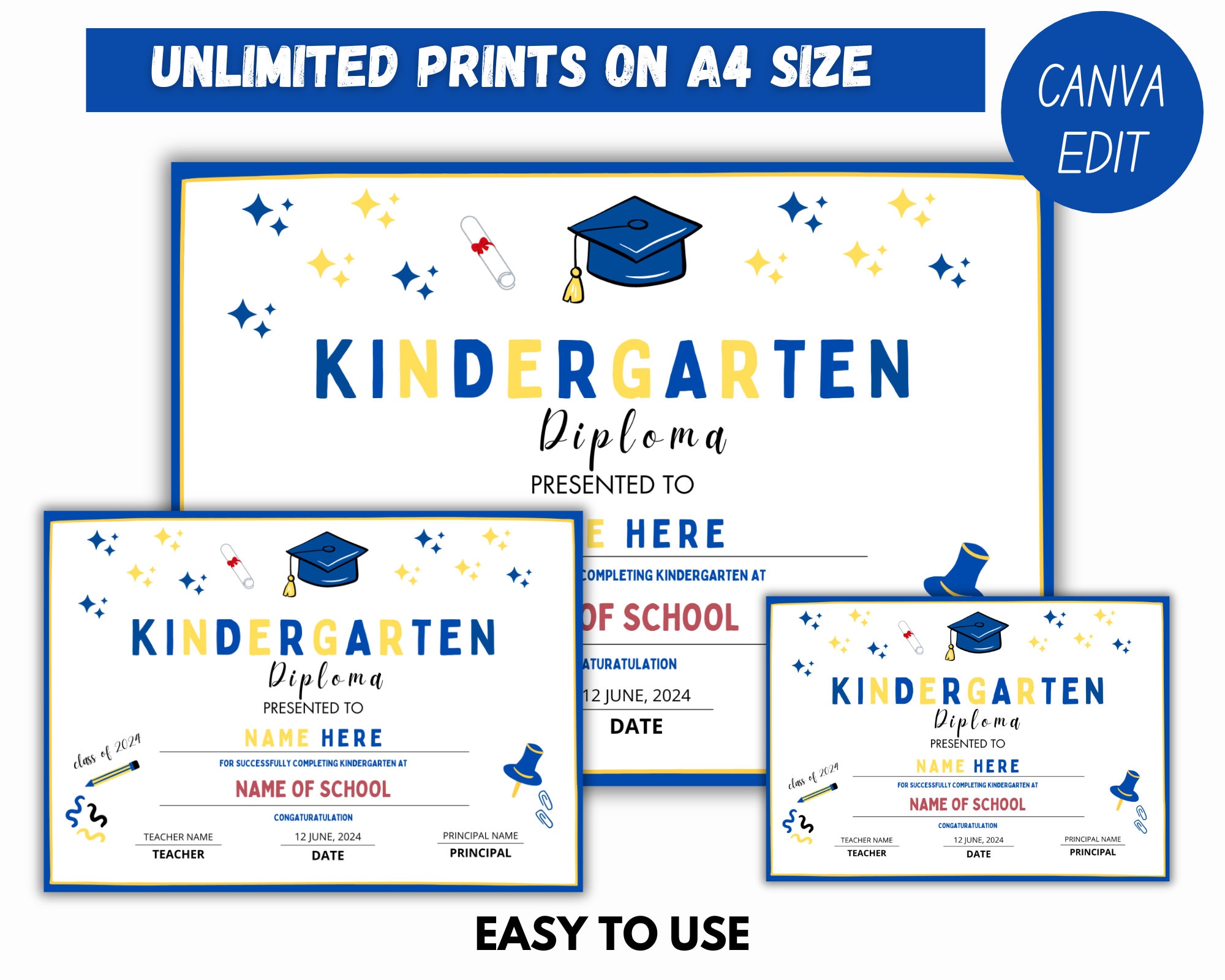 Editable Kindergarten Diploma Template, Graduation Diploma, Printable ...
