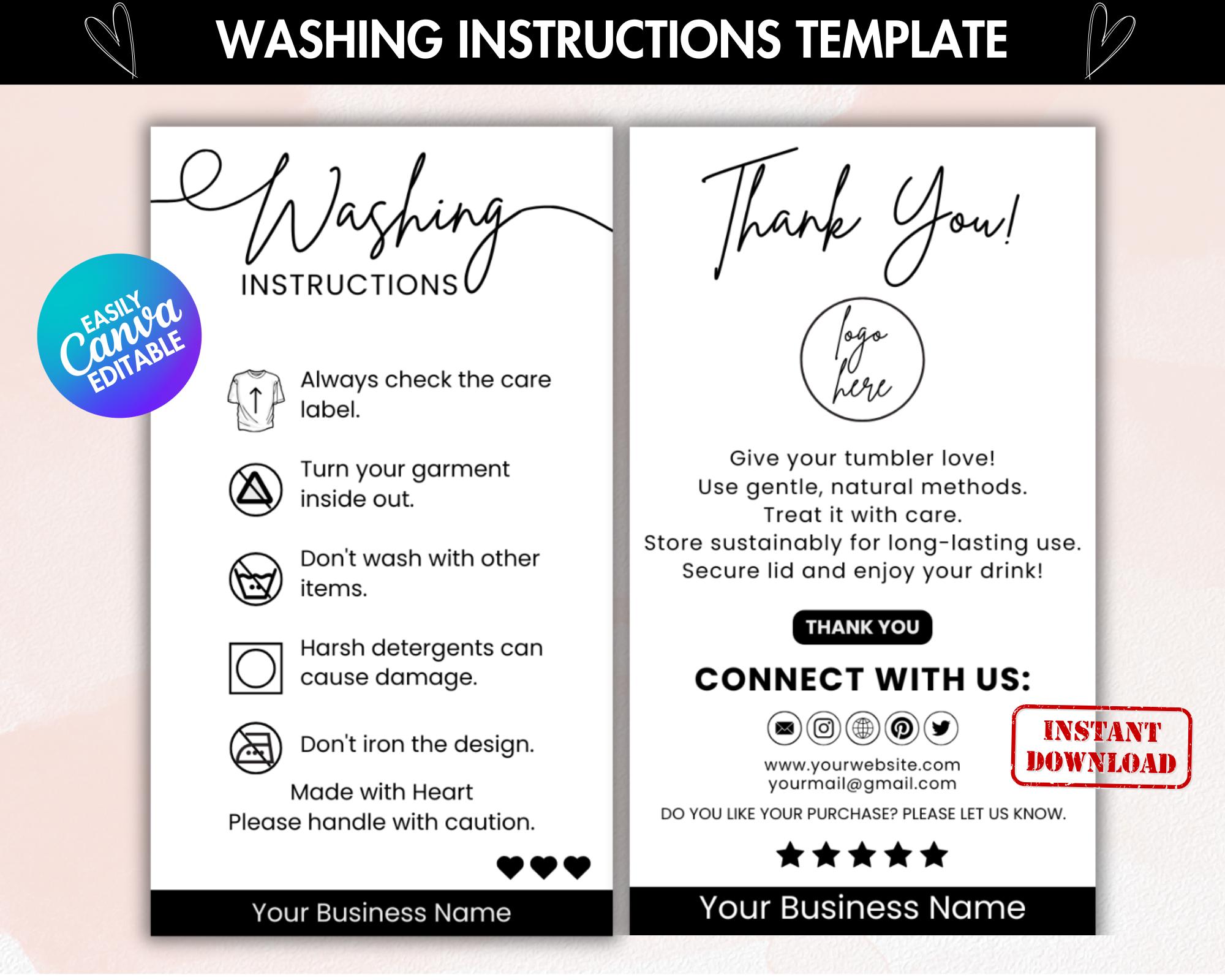 Printable Washing Instructions Card, Clothing Care Card, Washing ...