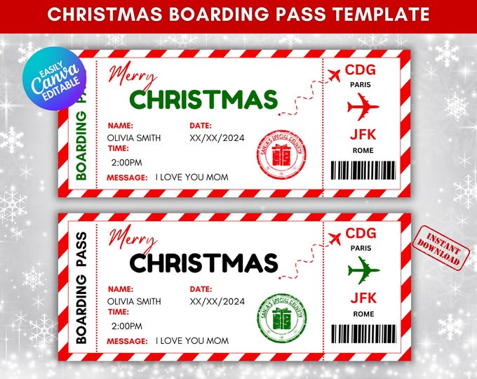 Christmas Boarding Pass Template, Editable Boarding Pass, Xmas Boarding ...