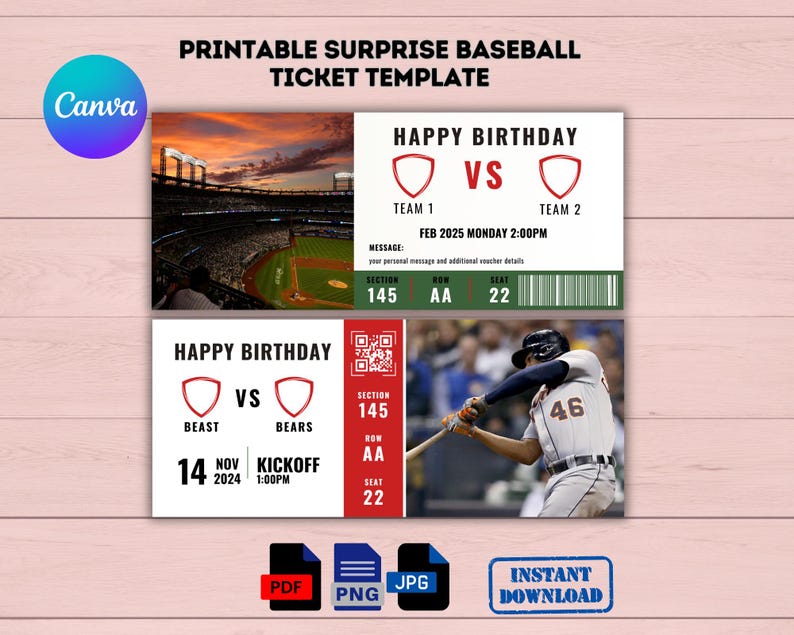 Editable Baseball Game Ticket Template, Customizable Ticket,surprise ...