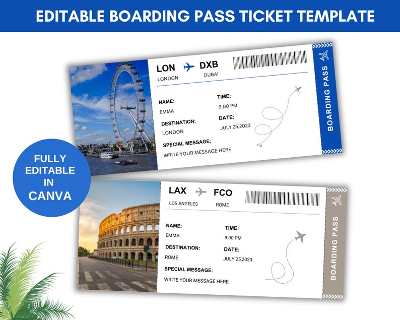 Editable Boarding Pass Template, Printable Personalized Airline Ticket ...