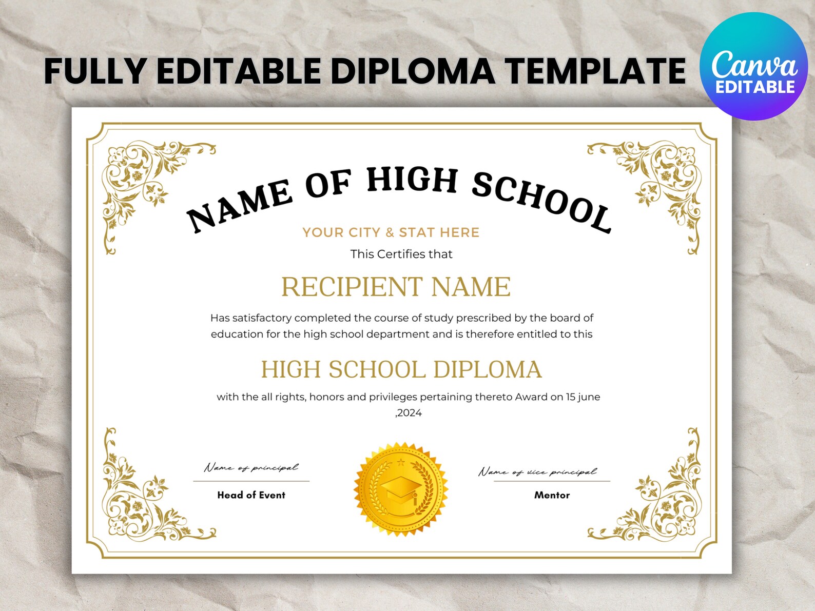 Printable High School Diploma Template, Home School Diploma, High ...