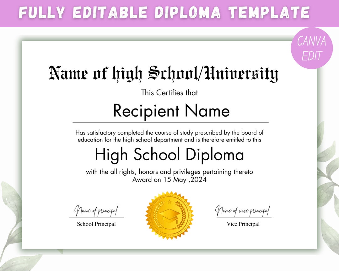 Printable High School Diploma Template, High School Graduation ...