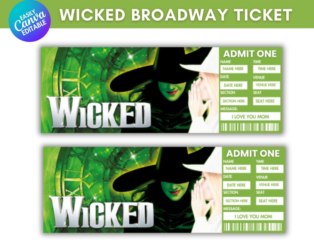 Editable Wicked Broadway Surprise Ticket, Musical Theatre Faux Event ...