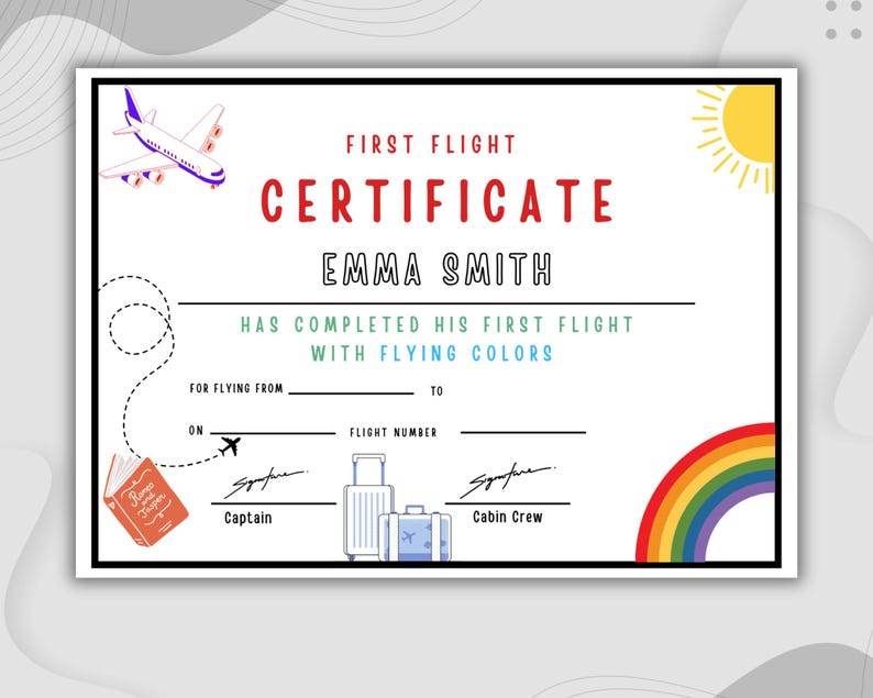 Editable First Flight Certificate for Kids, First Vacation Gift ...