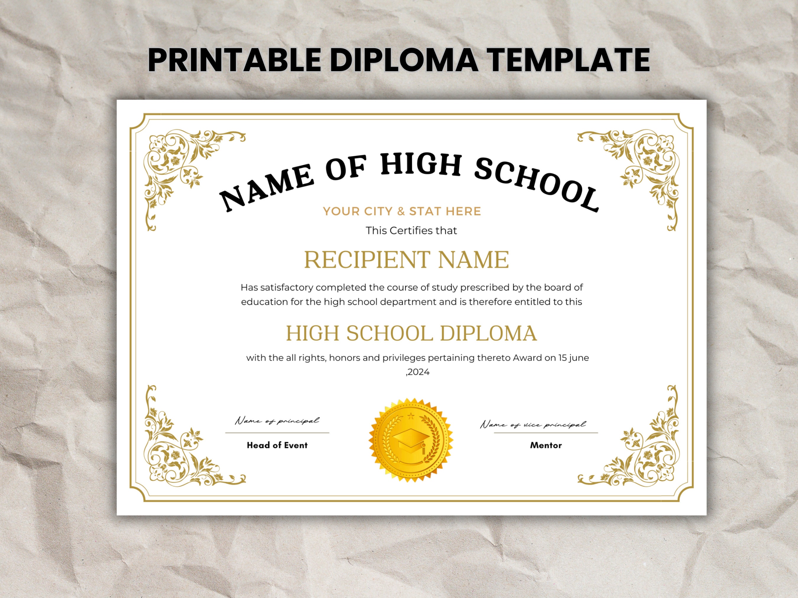 Printable High School Diploma Template, Home School Diploma, High ...