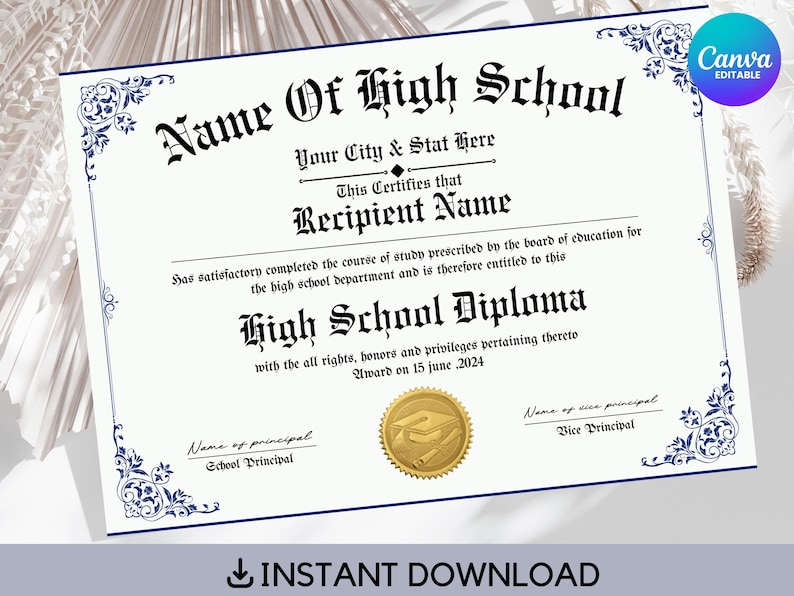 Printable GED Diploma Template, High School Diploma, School Equivalency ...