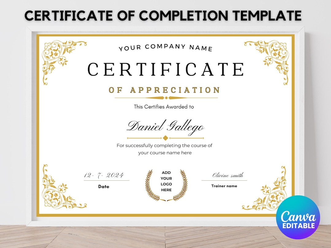 Editable Certificate of Completion Template, Certificate of Completion ...