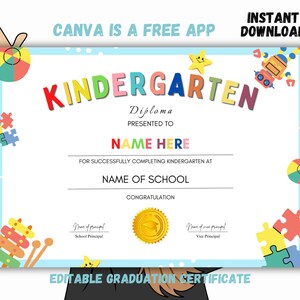 Editable Kindergarten Diploma Template, Graduation Diploma, Printable ...
