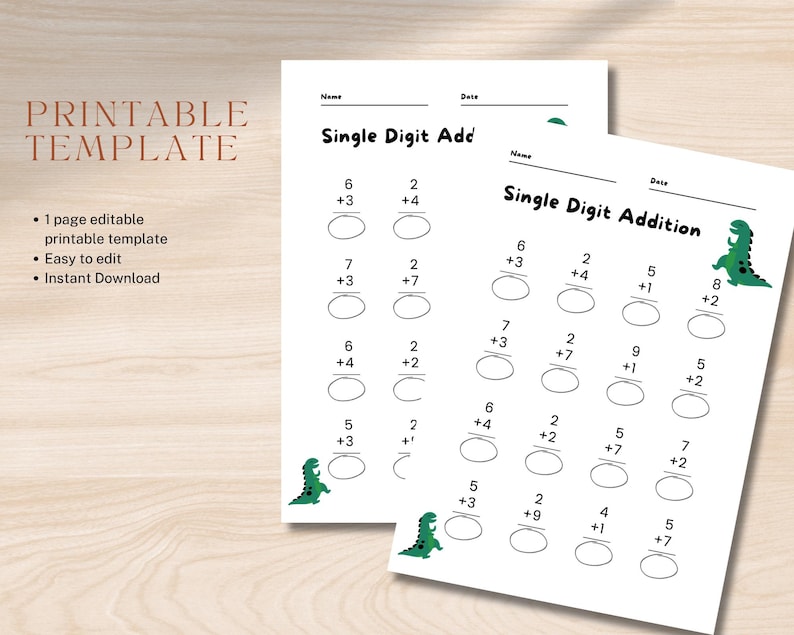Printable Single Digit Addition Worksheet Template, Math Worksheets ...