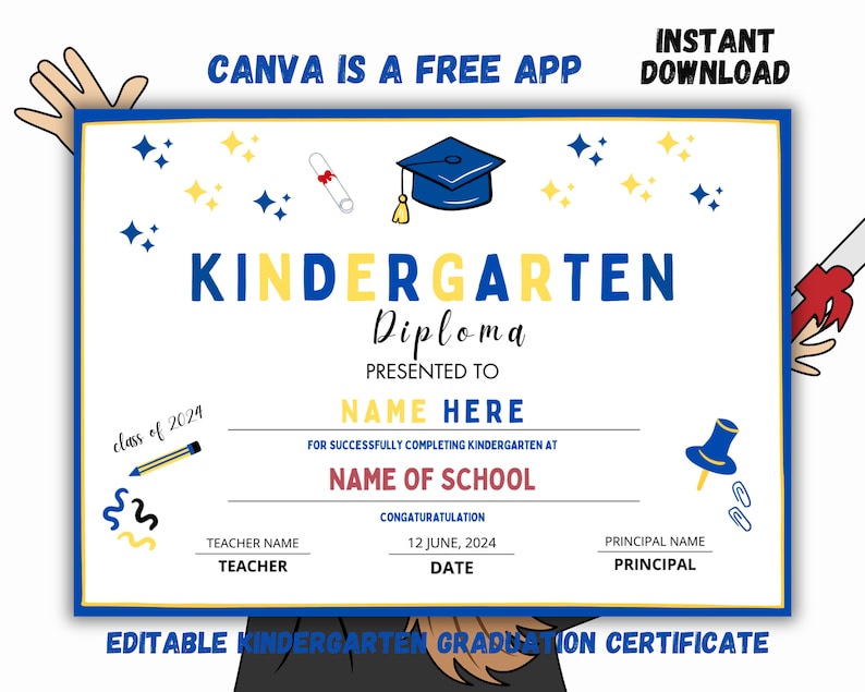 Editable Kindergarten Diploma Template, Graduation Diploma, Printable ...