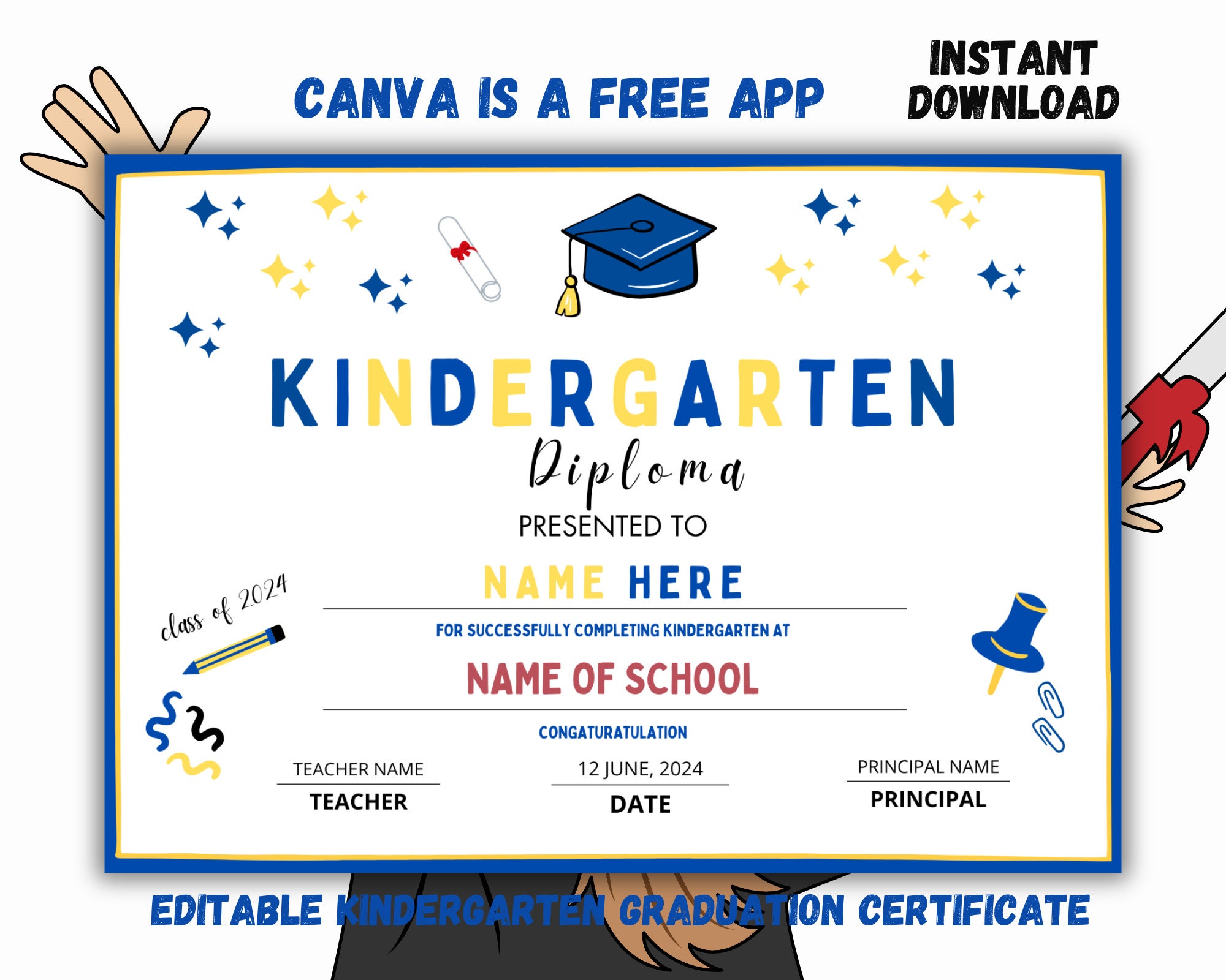 Editable Kindergarten Diploma Template, Graduation Diploma, Printable ...