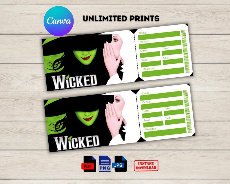 Editable Wicked Broadway Surprise Ticket, Musical Theatre Faux Event ...